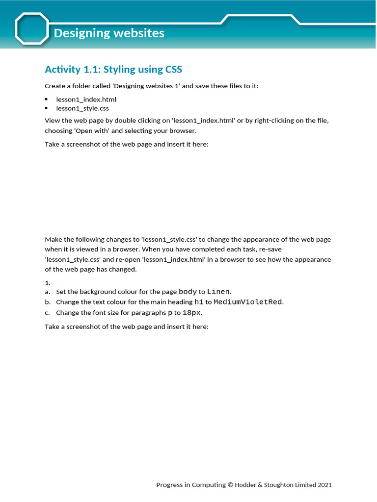 Web Design CSS Styling Worksheet | PDF