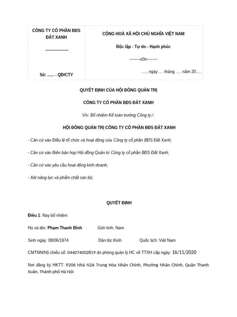 Mau Quyet Dinh Bo Nhiem Ke Toan Truong Cong Ty Co Phan | PDF
