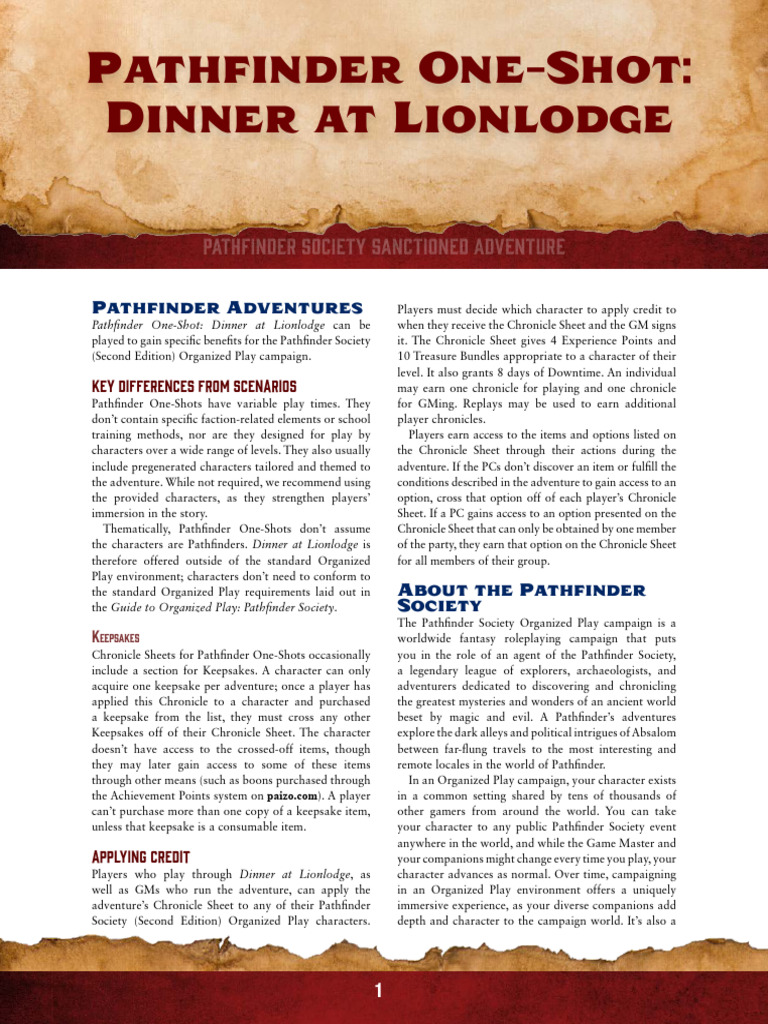 Pathfinder One-Shot: Dinner at Lionlodge | PDF