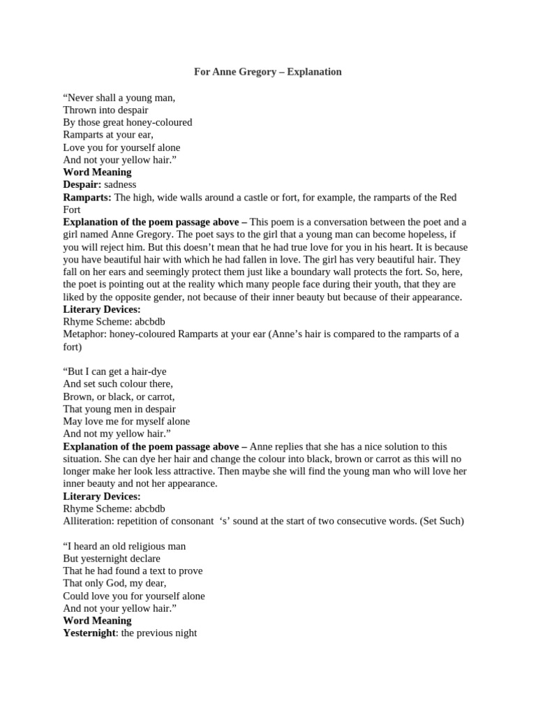 Analysis of "For Anne Gregory" Poem | PDF | Poetry | Rhyme
