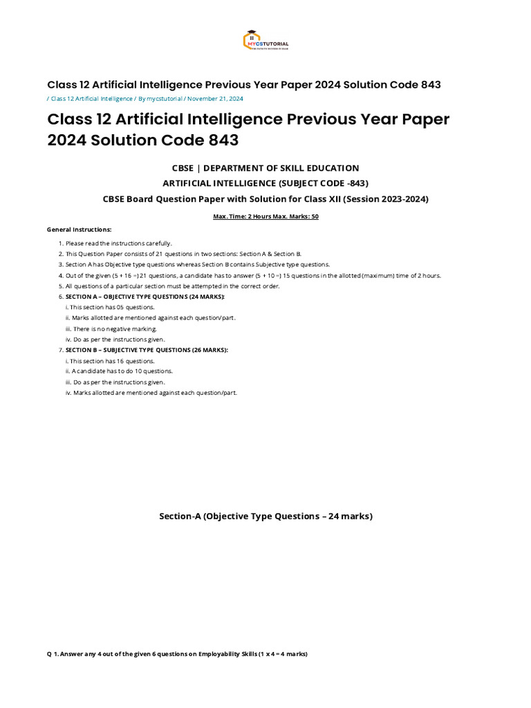Class 12 Artificial Intelligence Previous Year Paper 2024 Solution Code 843 - MyCSTutorial- The ...