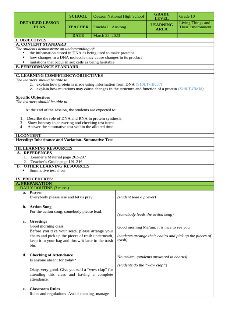 Grade 10 DNA and Protein Synthesis Lesson Plan | PDF | Heredity | Learning