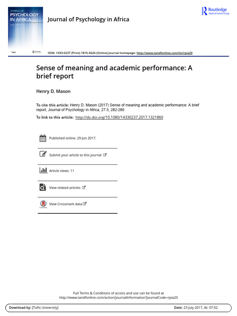 Mason 2017 - Sense of Meaning and Academic Performance A Brief Report ...