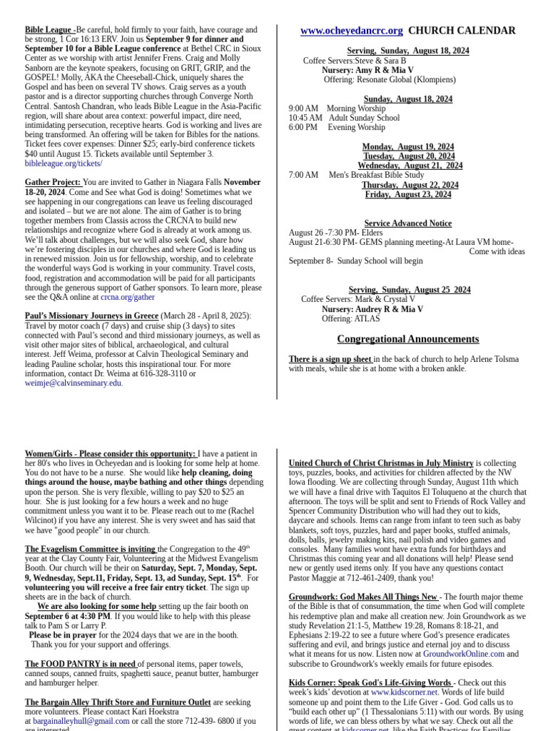 08 August 18 2024 Bulletin 1 | PDF | Paul The Apostle | Christian Church (Disciples Of Christ)