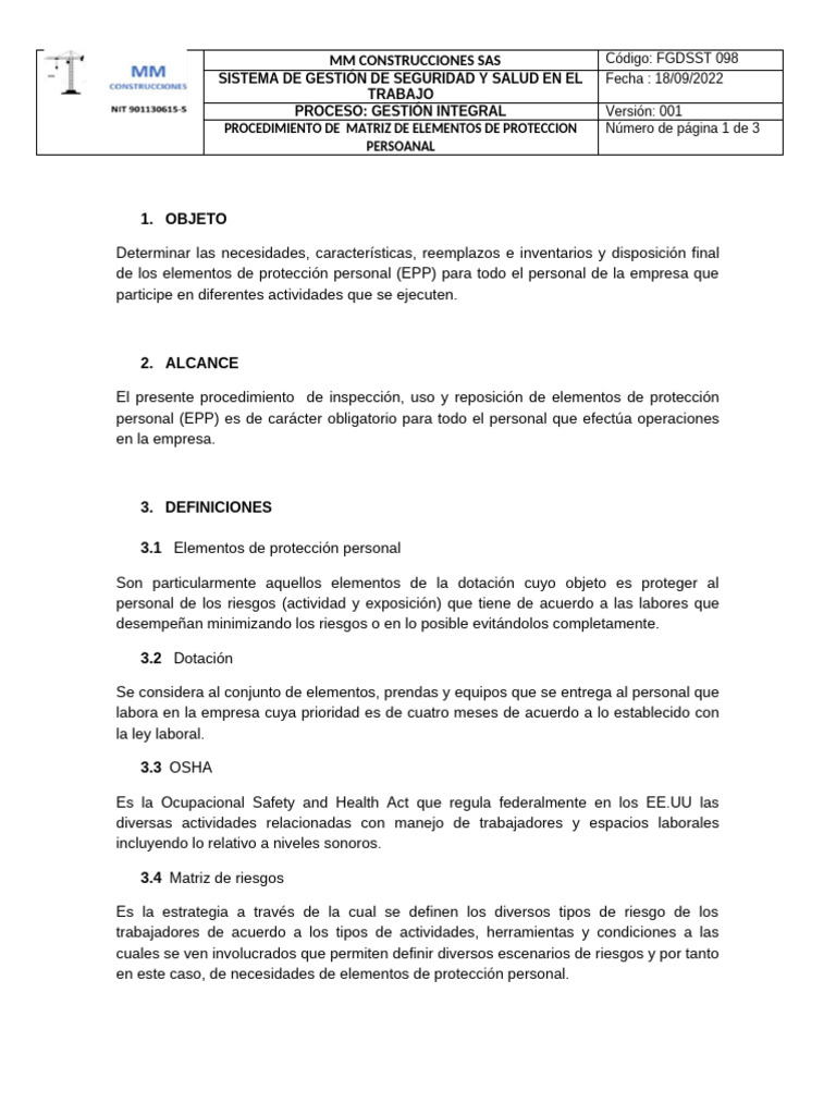 Procedimiento matriz de EPP | PDF | Administración de Seguridad y Salud Ocupacional