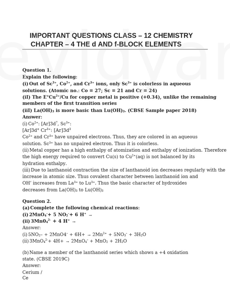 Class 12 Chemistry: d and f-Block Elements Questions | PDF | Transition ...