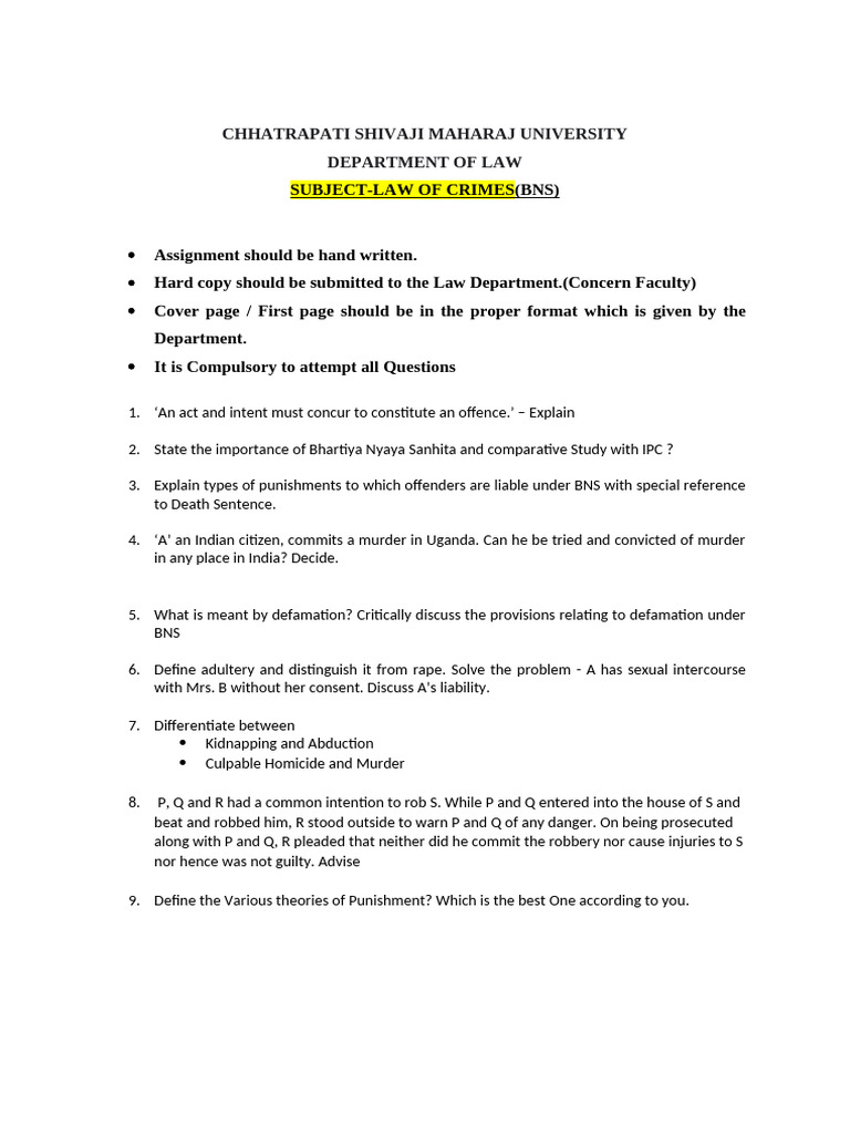 Law of Crimes (BNS) Assignment Topics | PDF