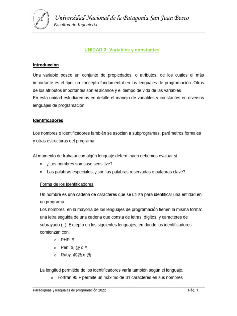 PLP Unidad3 | PDF | Lenguaje de programación | Variable (informática)