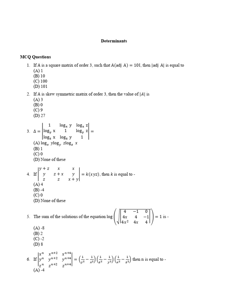 Determinants MCQ Practice Questions | PDF | Mathematical Physics ...