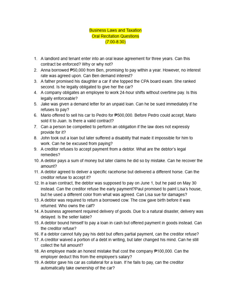 Oral-Recitation-Questions | PDF | Loans | Debtor