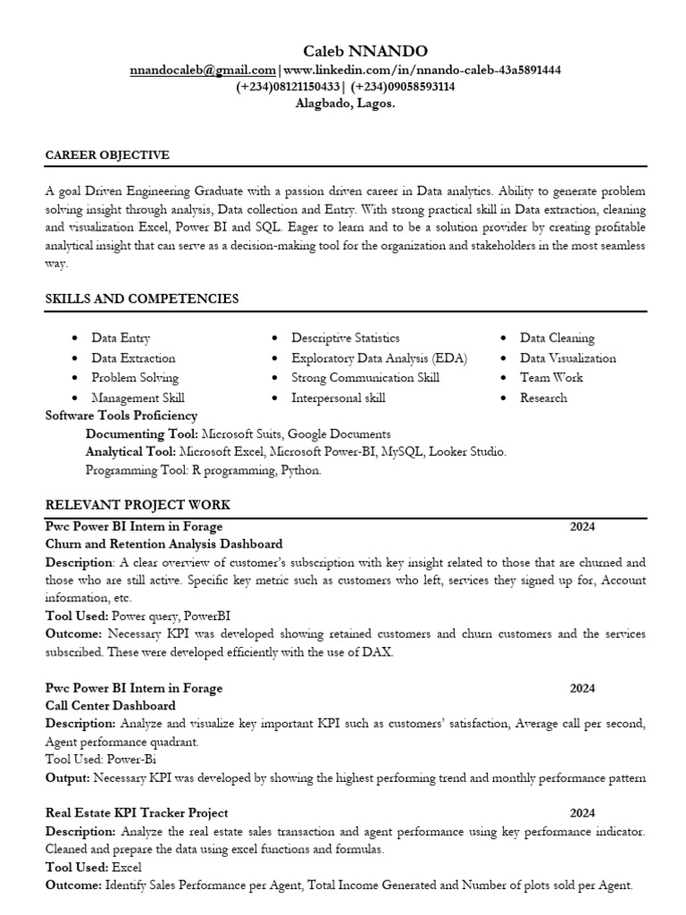Caleb_nnando Cv for engineering | PDF | Data Analysis | Performance Indicator