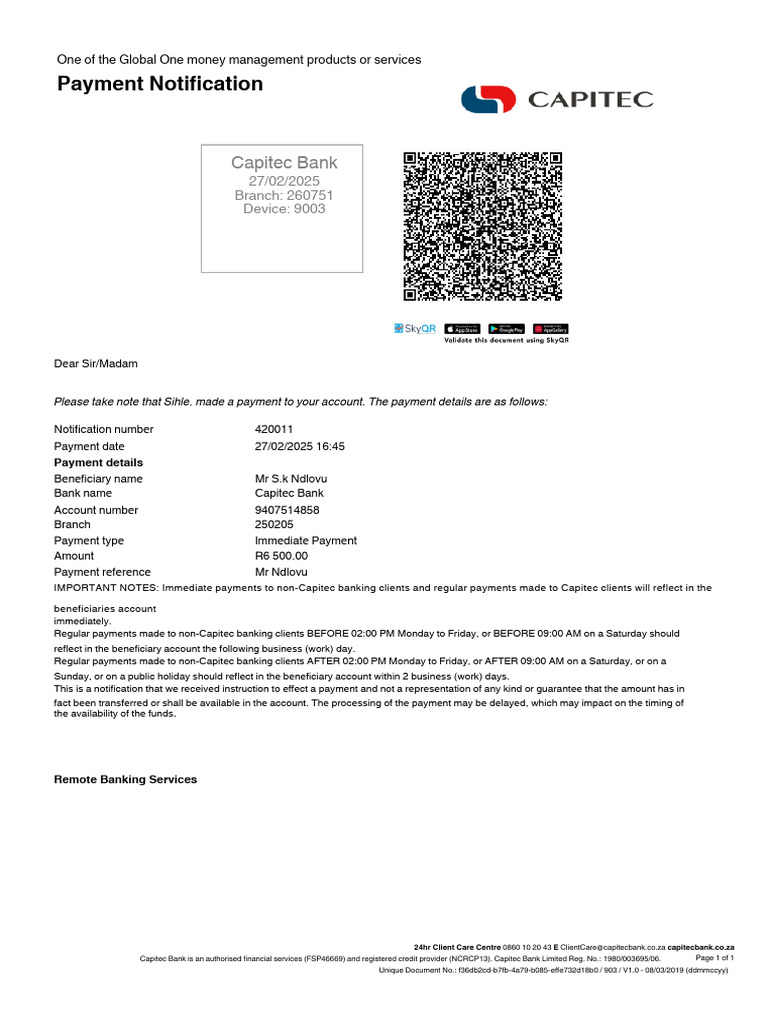 Capitec Bank Payment Notification | PDF | Money