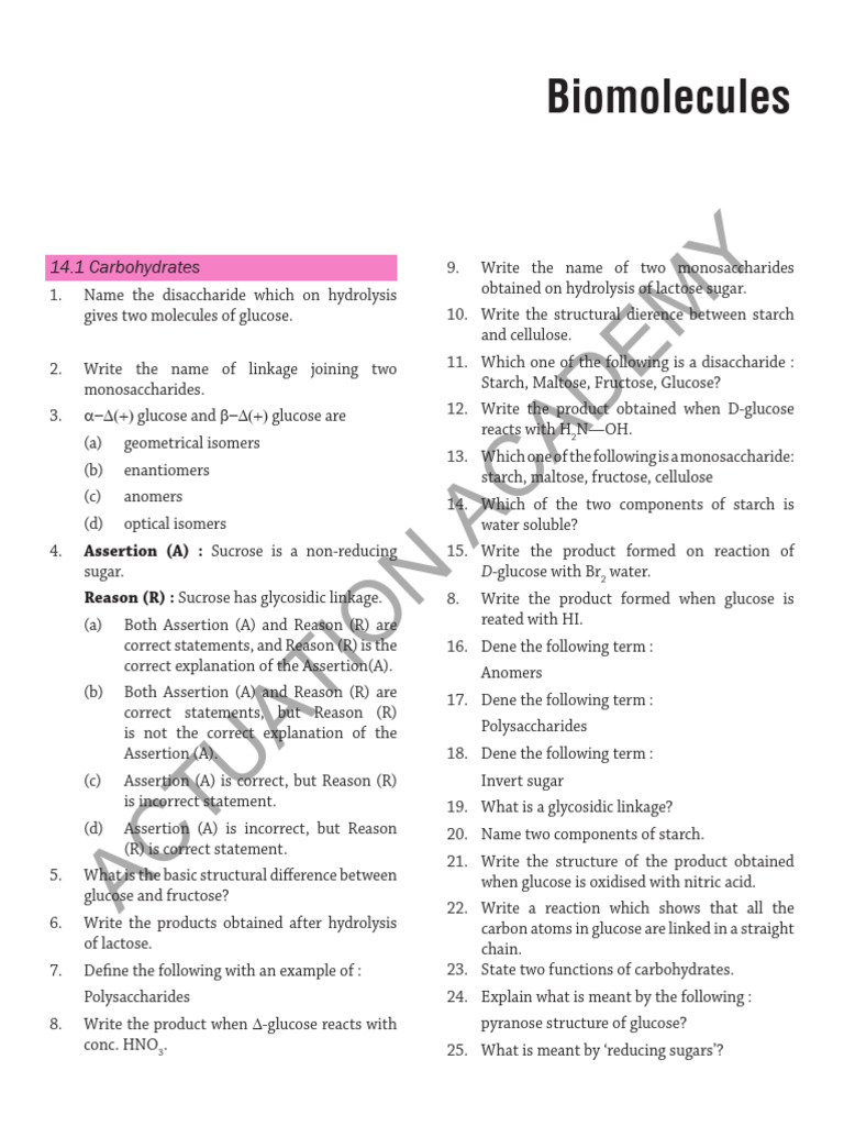 Chapter 14 Biomolecules ( Chemistry) Folder | PDF | Carbohydrates | Glucose