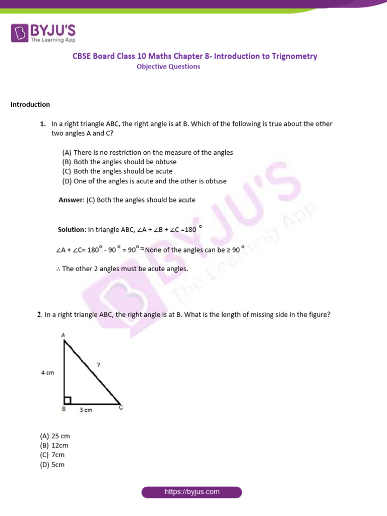 Class 10 Trigonometry Objective Questions | PDF | Triangle Geometry ...