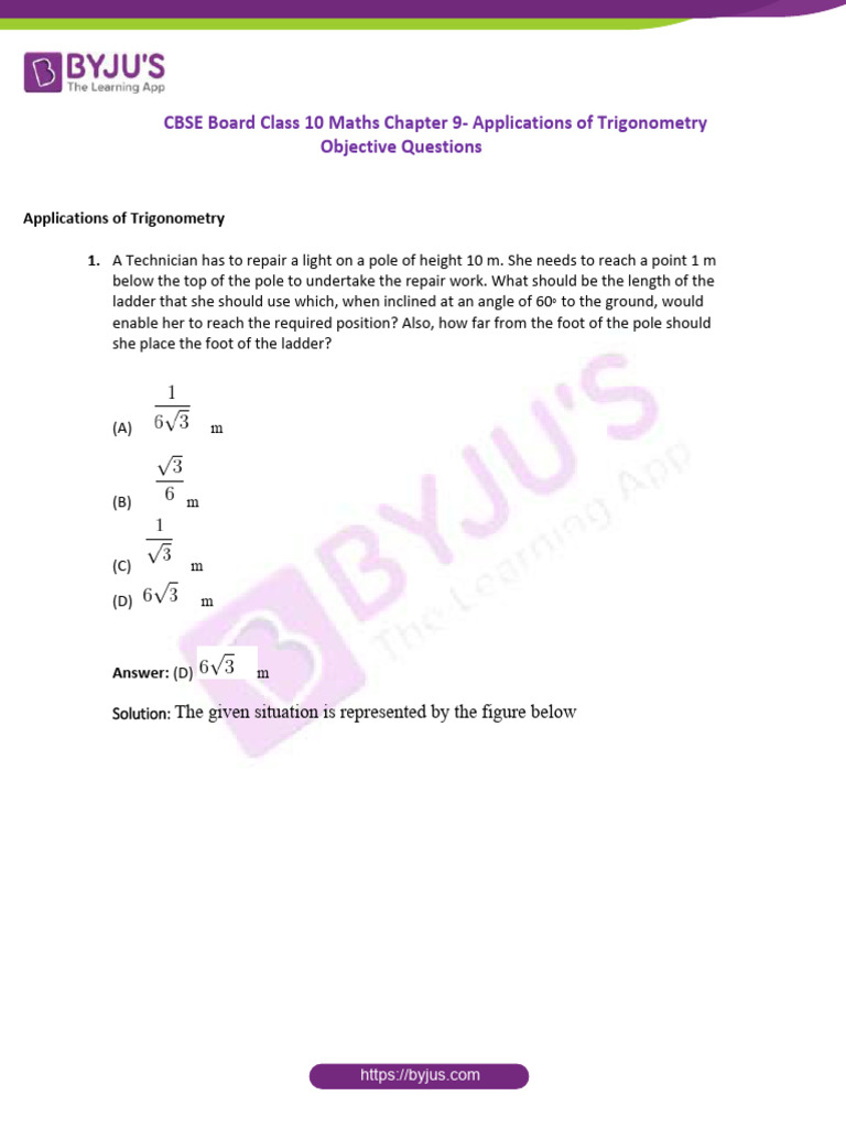 CBSE Class 10 Maths Chapter 9 Applications of Trignometry | PDF | Tower | Angle