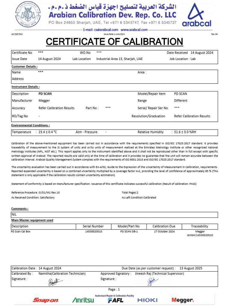 PD Scan Calibration Certificate | PDF | Calibration | Metrology