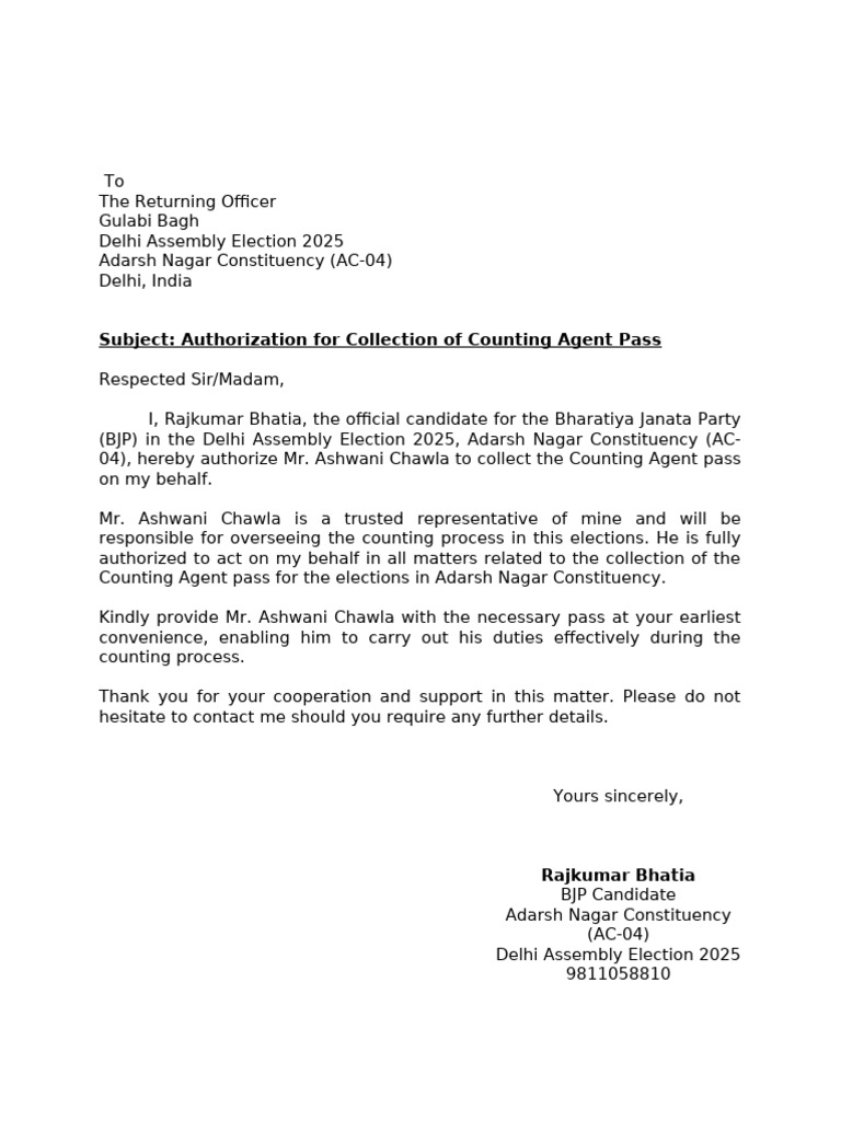 Authority To Collect Counting Agent Pass | PDF