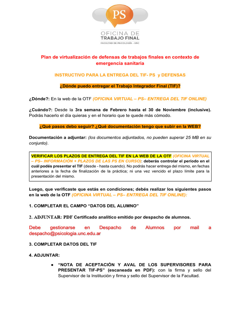 Instructivo entrega de TIF y DEFNSAS | PDF