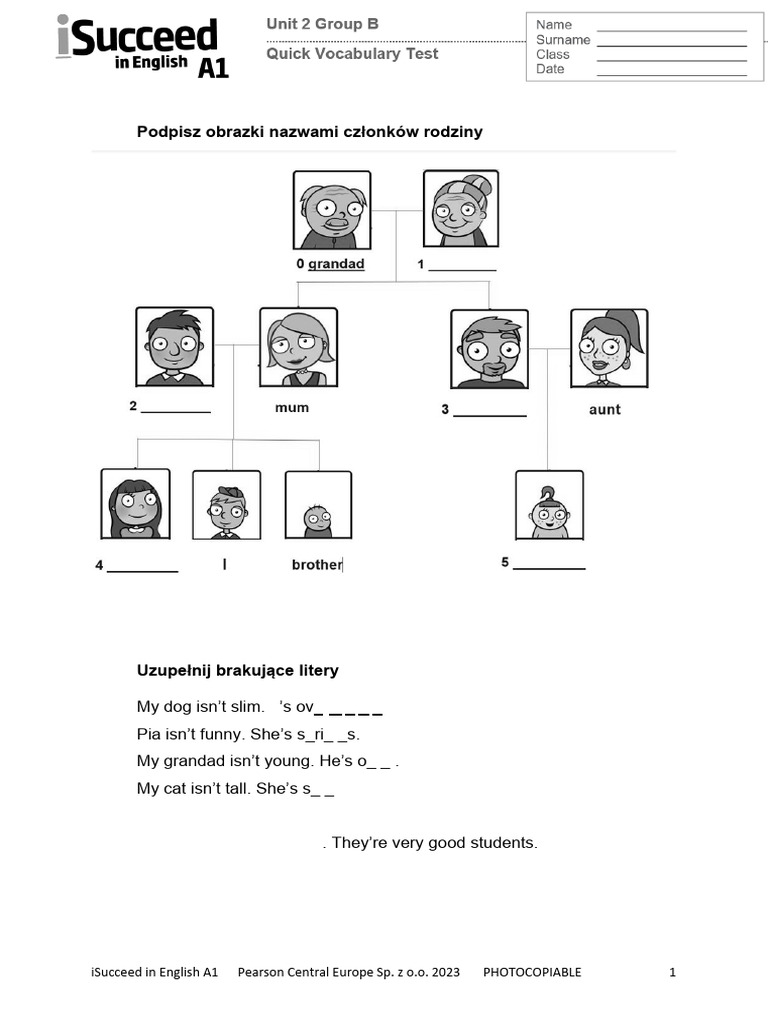 Isucceed - A1 Unit 2 Quick Test Vocabulary Group B | PDF