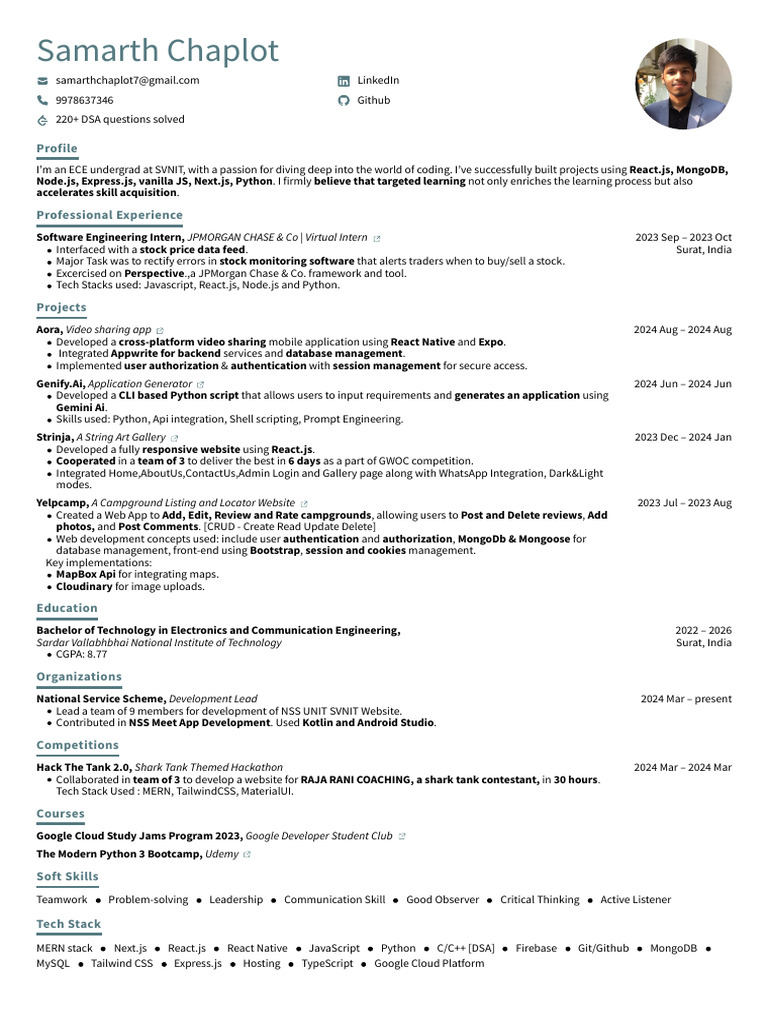 Samarth Chaplot Cisco Resume | PDF | Java Script | Mobile App