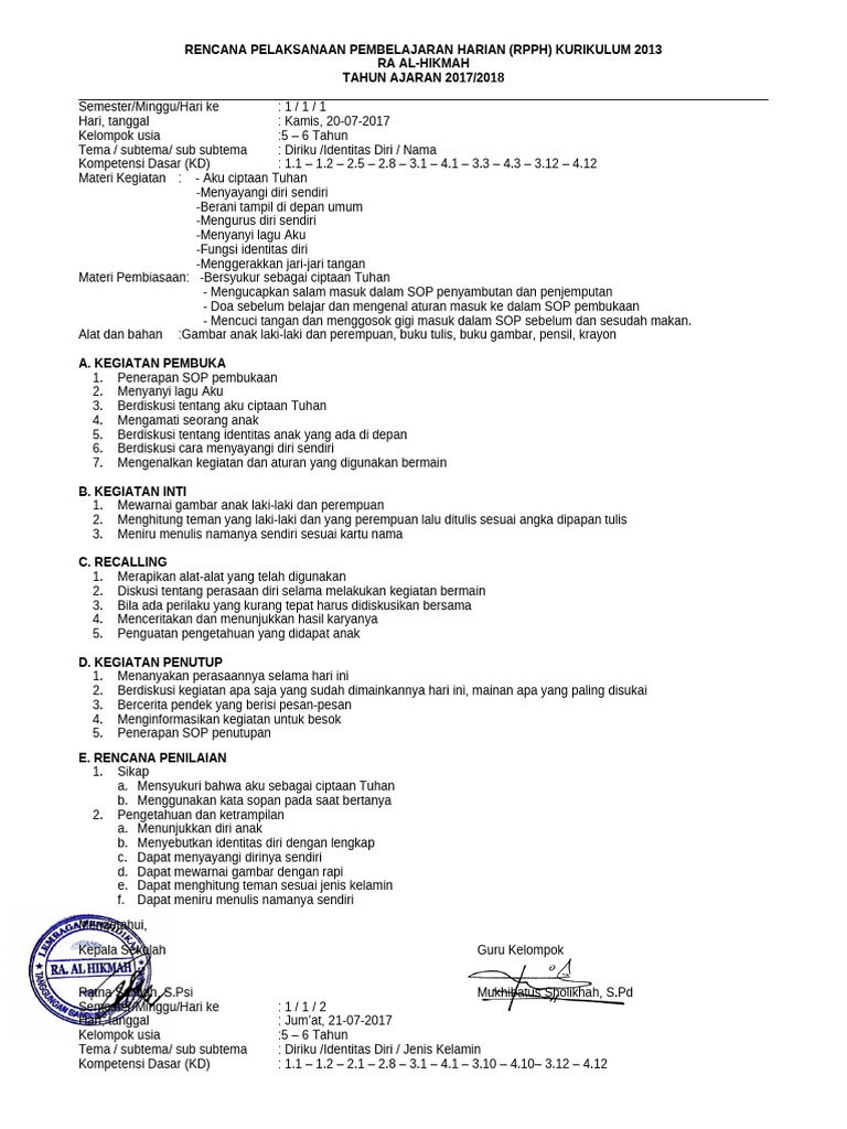 RPPH TK-B SMT1 Minggu_01 - Identitas Diri | PDF