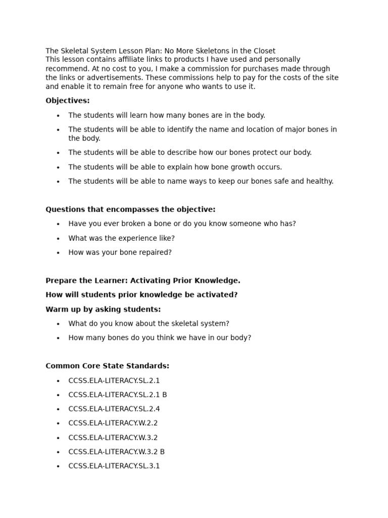 The Skeletal System Lesson Plan | PDF | Skeleton | Bone