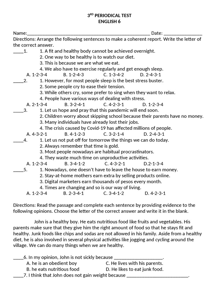 English 6 Periodical Test Questions | PDF