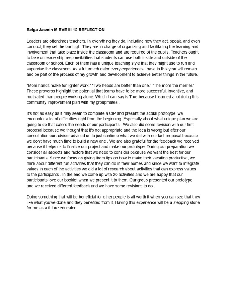 Reflection on Community Improvement Plan | PDF | Classroom | Learning