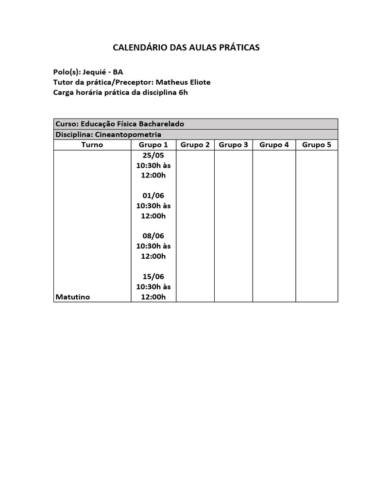 Cronograma Aulas Práticas Cineantopometria | PDF