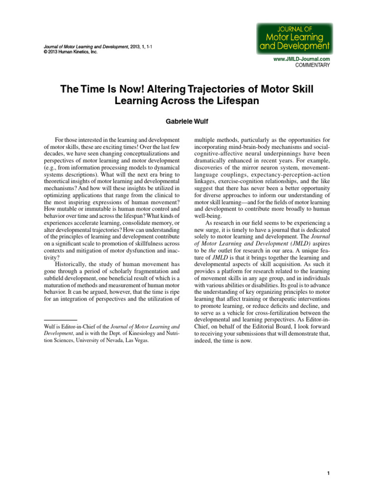 The Time Is Now! Altering Trajectories of Motor Skill Learning Across The Lifespan | PDF ...