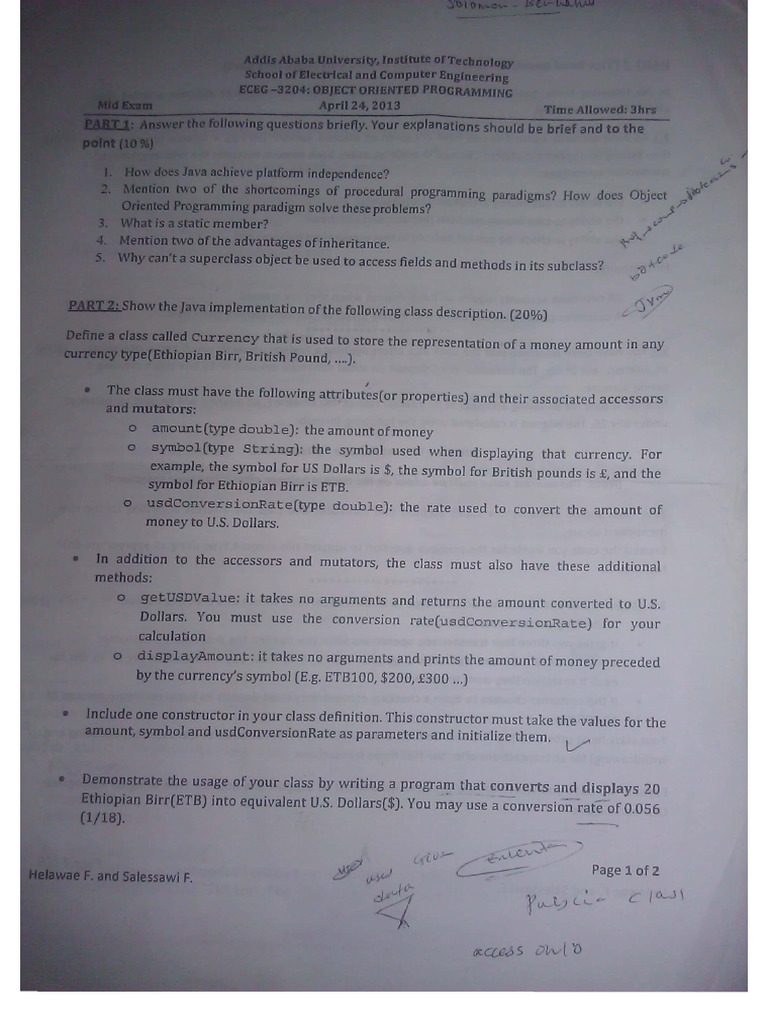 ECEG-3204 [OOP] Mid Exam 2014 | PDF