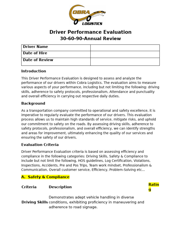 Driver Performance Evaluation Criteria | PDF | Safety | Regulatory ...