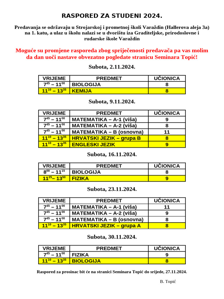 Raspored-za-studeni-2024 2 | PDF