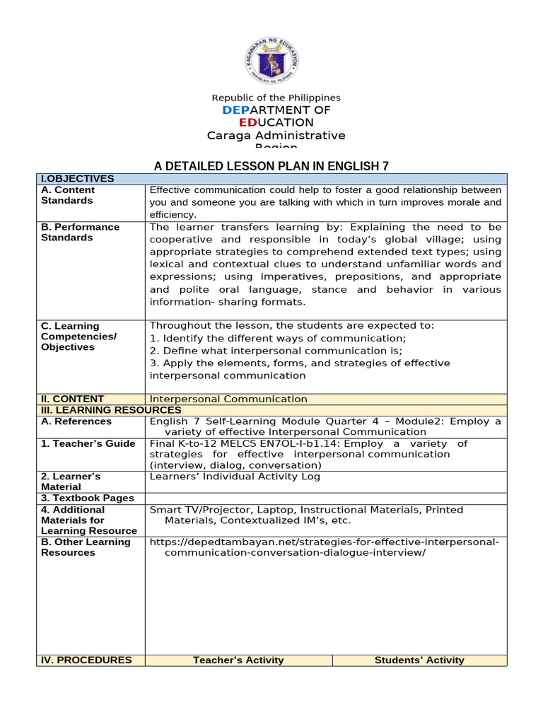 Detailed Lesson Plan in English 7 | PDF | Communication | Interpersonal Communication