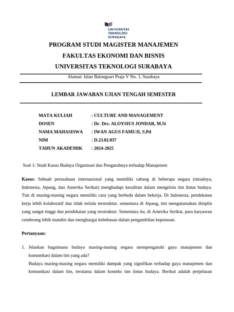 Lembar Jawaban UTS Culture and Management | PDF