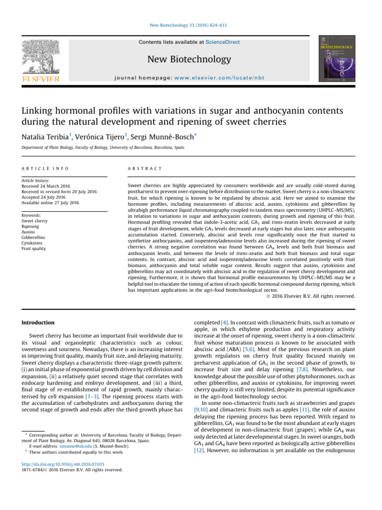 Linking Hormonal Profiles With Variations in Sugar and Anthocyanin Contents | PDF | Plant Hormone