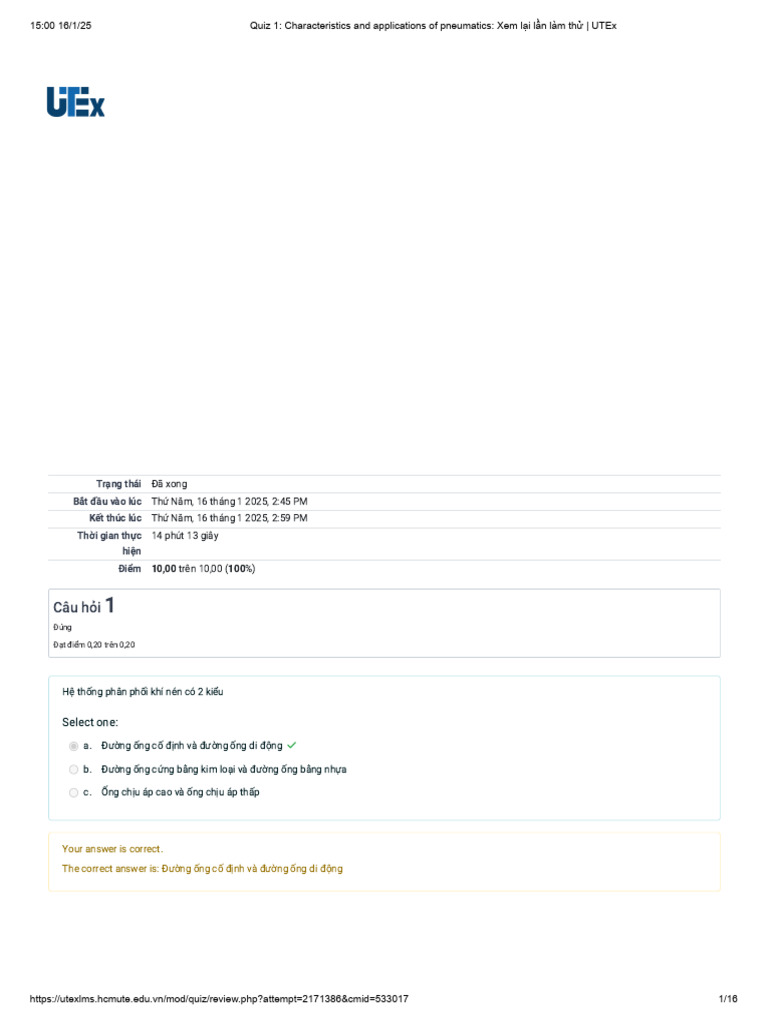 Quiz 1 - Characteristics and applications of pneumatics - Xem lại lần làm thử - UTEx | PDF