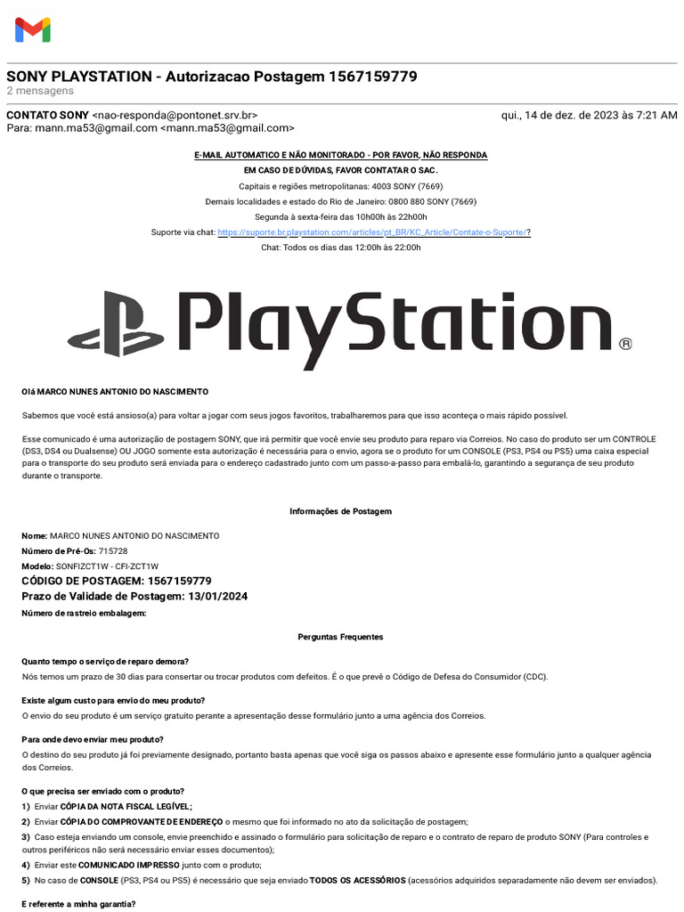 Gmail - SONY PLAYSTATION - Autorizacao Postagem 1567159779 | PDF | Playstation 3