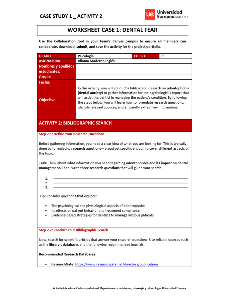 Case 1 - Activity 2 - Odontophobia. Worksheet 24 - 25 - 23751810 | PDF ...