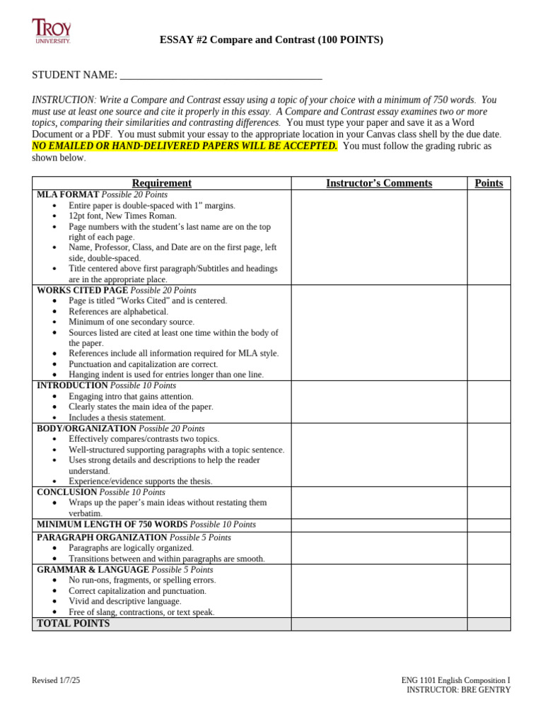 ENG 1101 Essay #2 Instruction and Grading Sheet | PDF | Essays | Paragraph