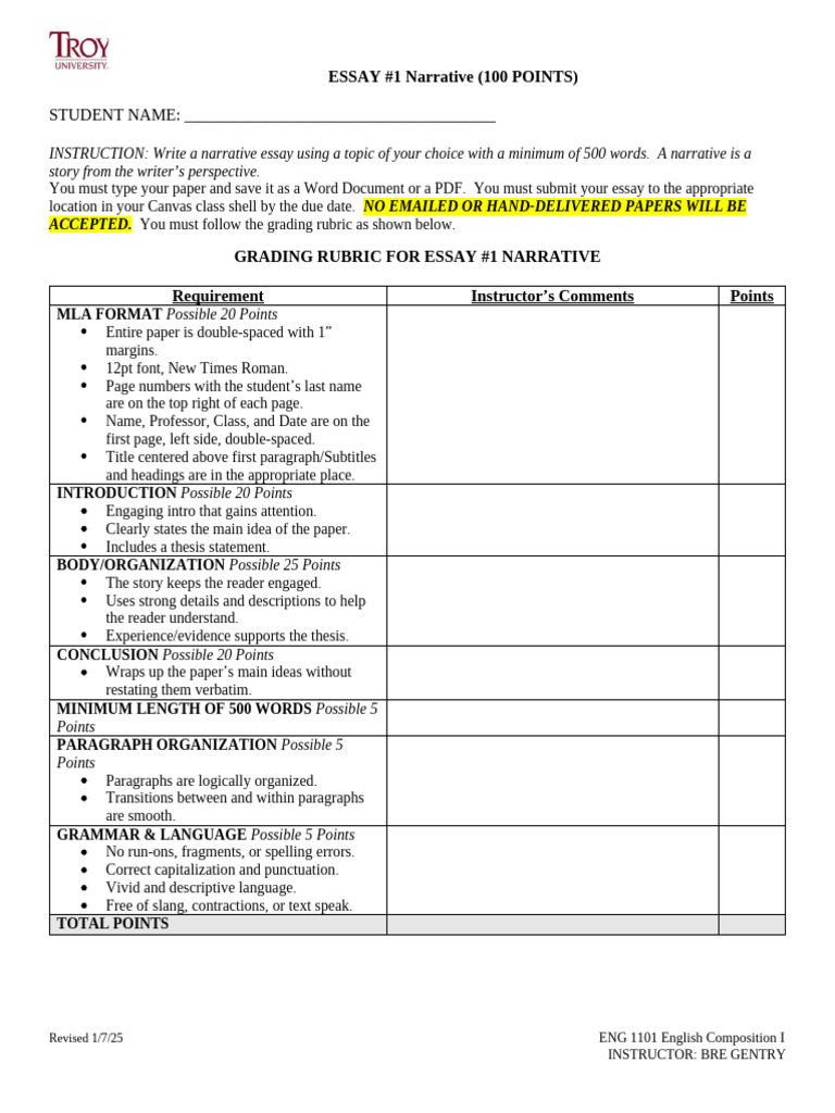 ENG 1101 Essay #1 Instruction and Grading Sheet | PDF