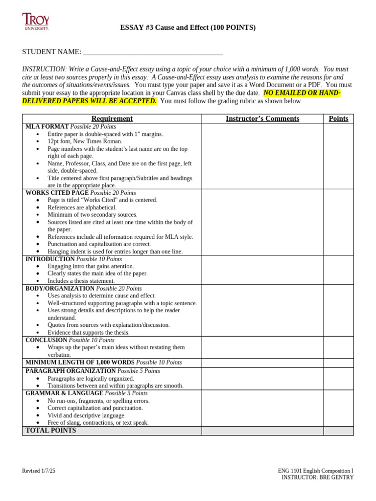 ENG 1101 Essay #3 Instruction and Grading Sheet | PDF | Essays | Paragraph