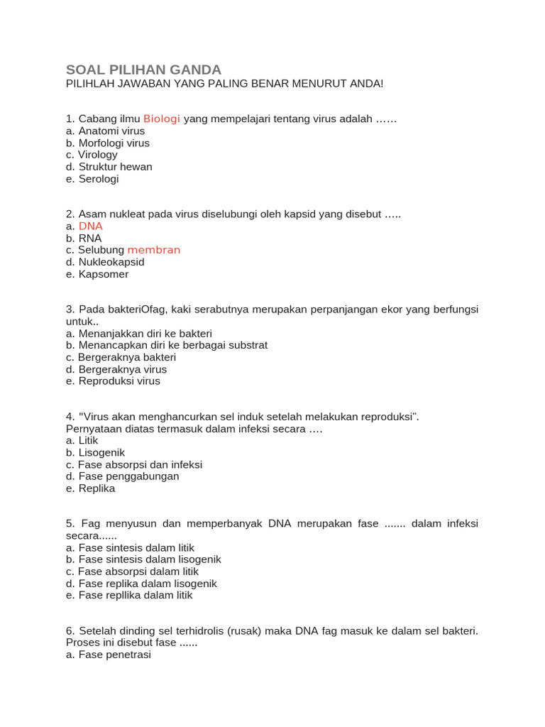 Soal Virus Kelas 10 dan Jawabannya | PDF