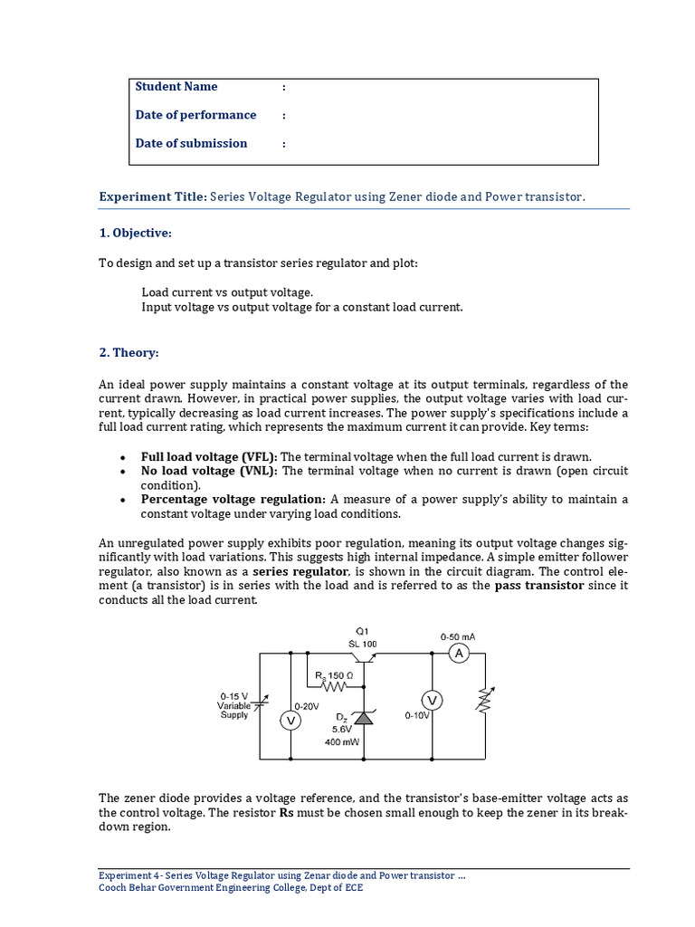 Zener Diode Series Voltage Regulator Experiment | PDF | Power Supply ...