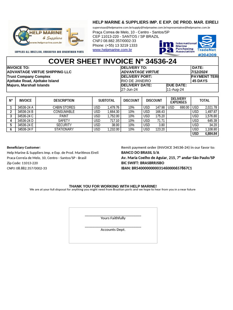 COVER SHEET INVOICE 34536-24 - ADVANTAGE VIRTUE | PDF | Brazil