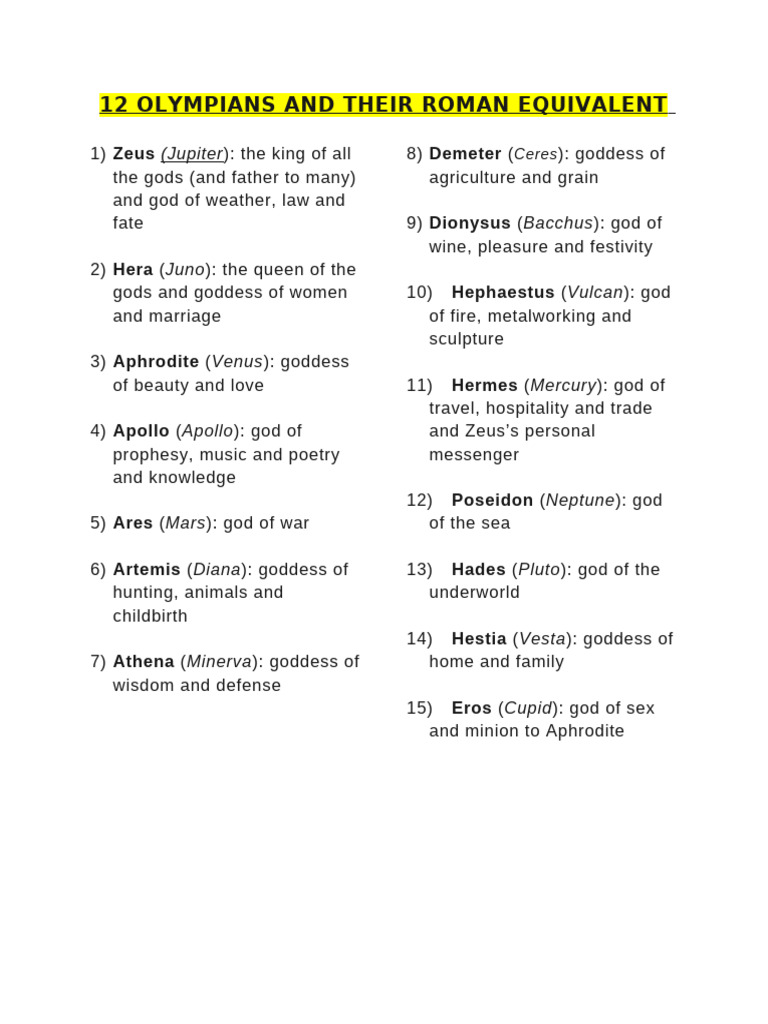Greek and Roman Gods Comparison | PDF
