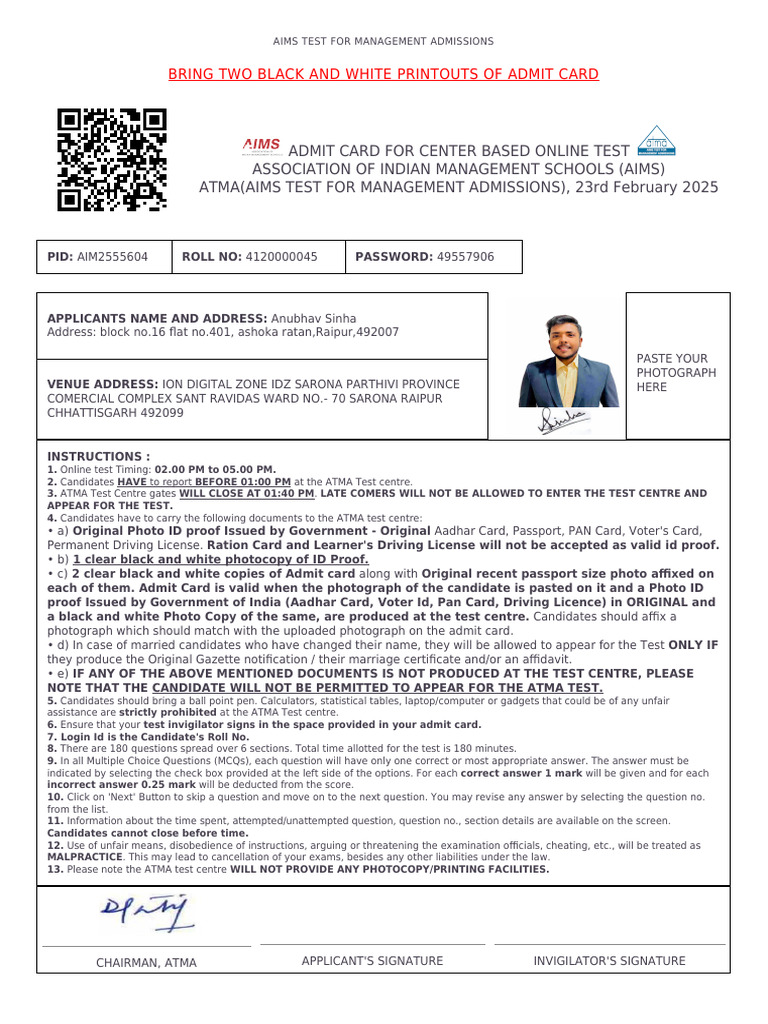 ATMA Admit Card Instructions 2025 | PDF | Multiple Choice