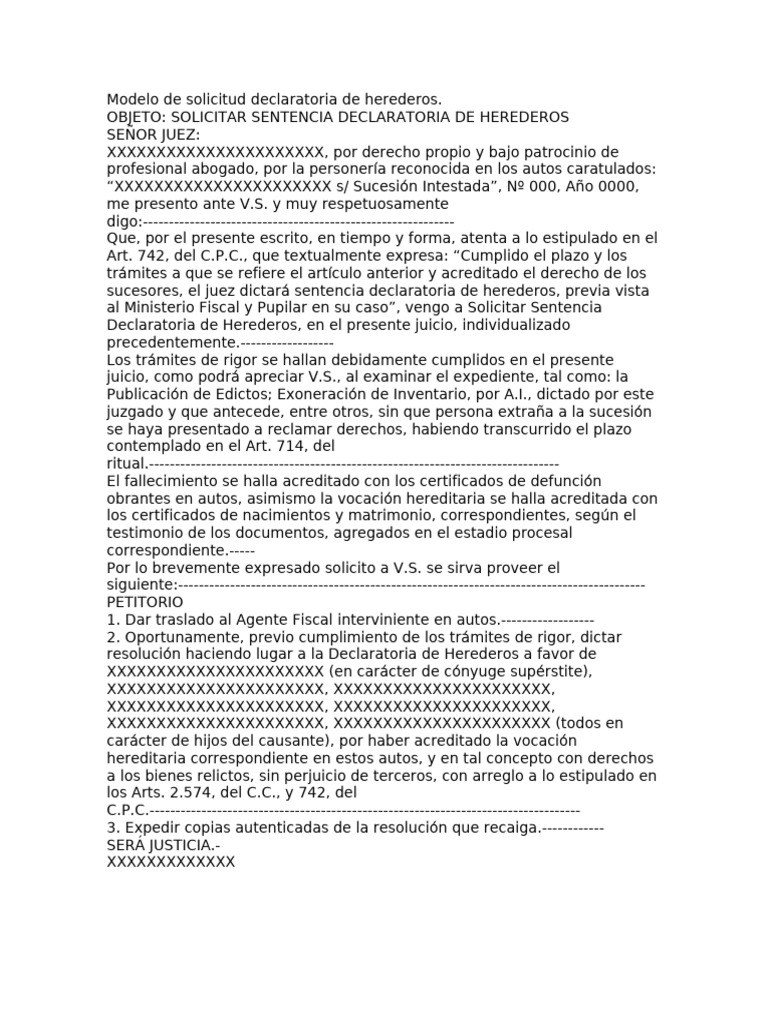 Modelo de Solicitud Declaratoria de Herederos | PDF | Justicia | Crimen ...