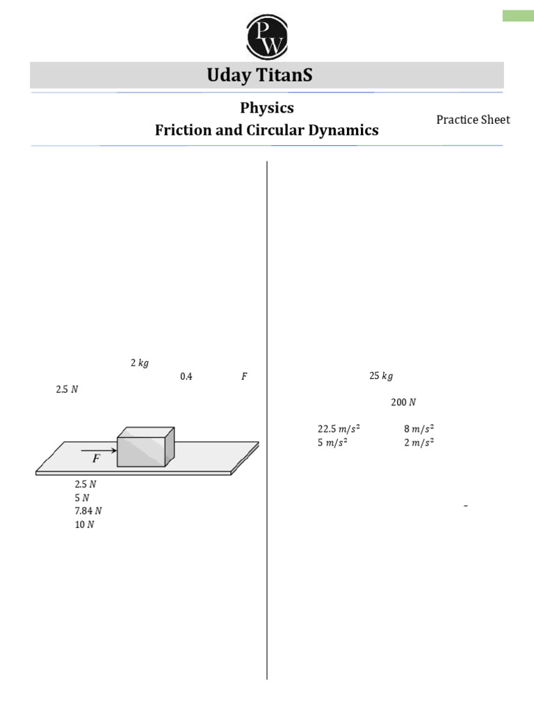 Friction and Circular Dynamics - Practice Sheet - Uday Titans | PDF ...