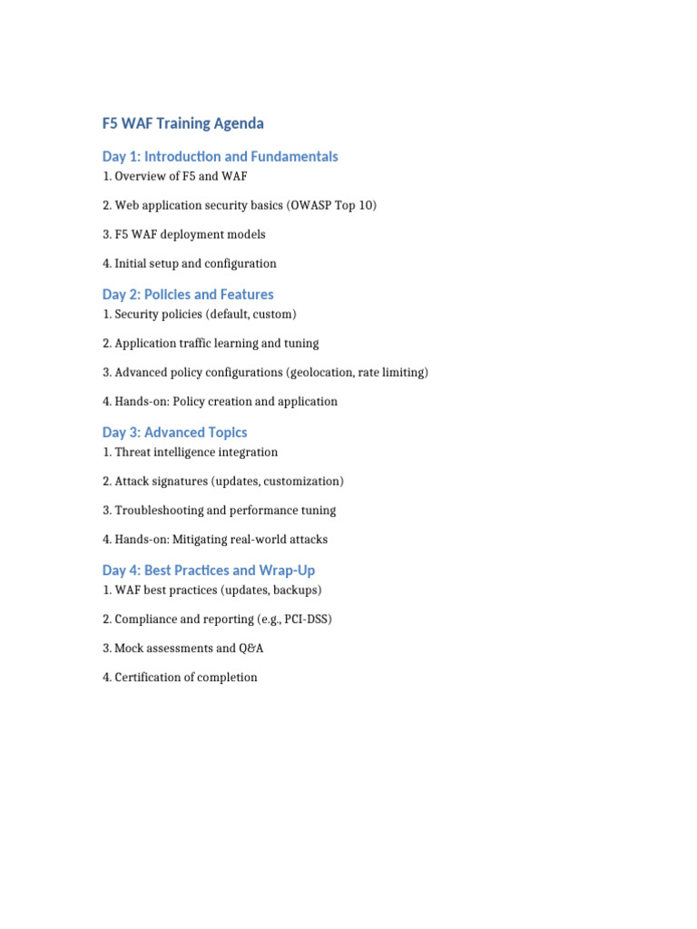 F5 WAF Training: 4-Day Agenda | PDF